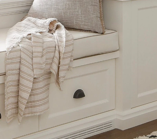 Custom Linen textured firm bench cushions. Barista fabric ...